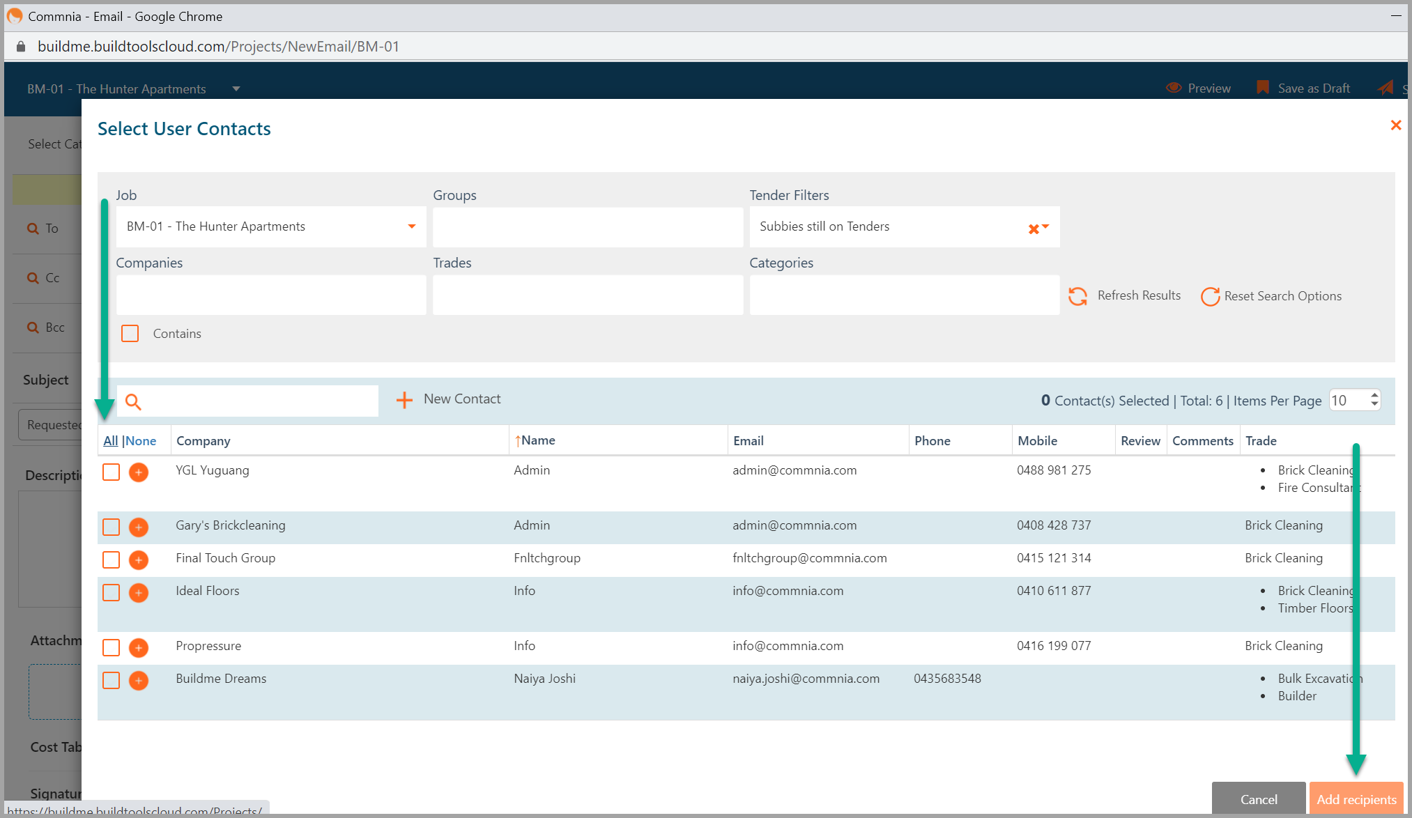 How do I send an email to subcontractors based on their Tender Status