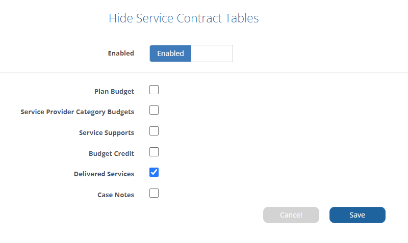 Hide Service Contract Tables setting Hide Service Contract Tables setting